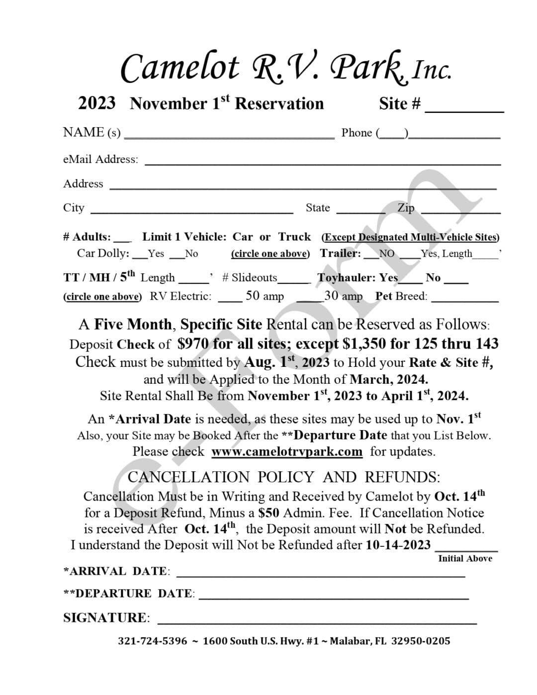 Forms - Camelot RV Park | 55+ Snowbird Destination